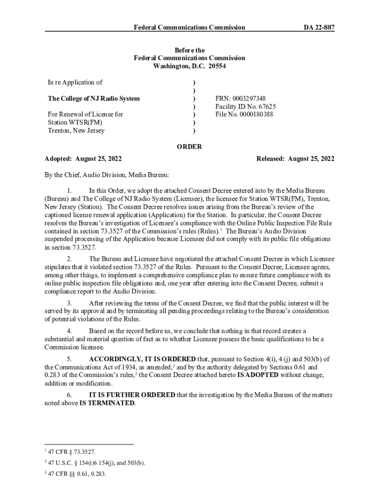 Fillable Online Federal Communications Commission DA 22-887 Before the ...