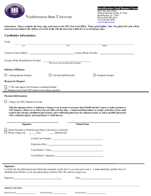 Fillable Online Identification Card Request Form NSU One Card Office ...