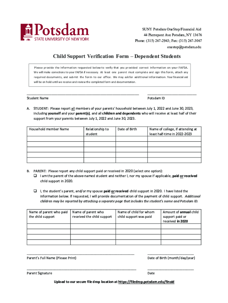 Fillable Online Child Support Verification Form Dependent Students Fax ...