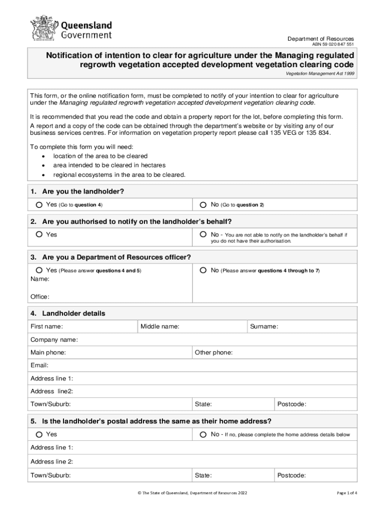 Fillable Online Agriculture Regrowth ADVCC Form. Accepted development vegetation clearing code ...