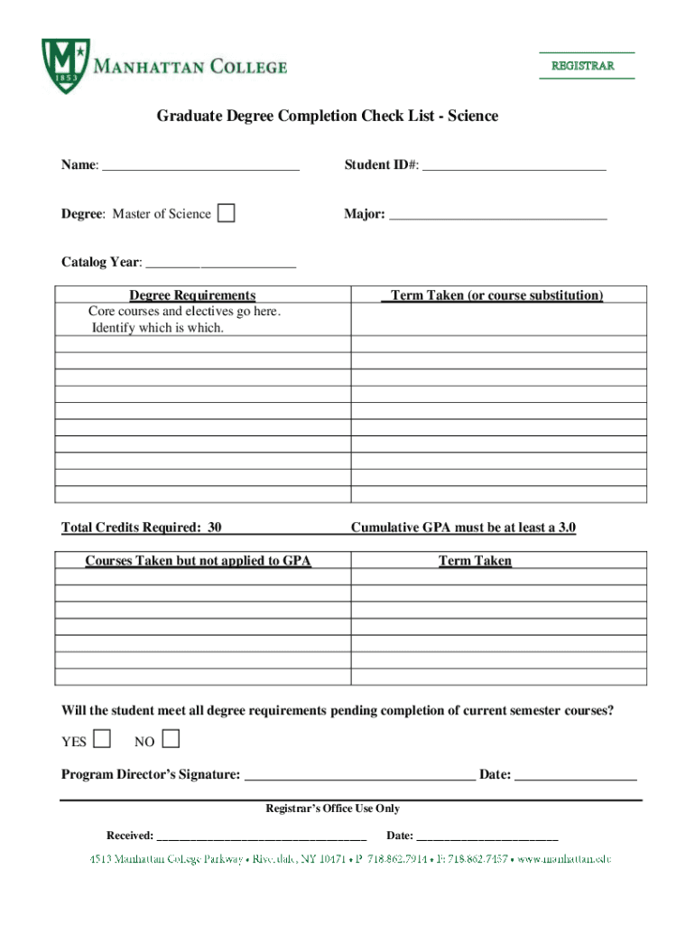 Fillable Online inside manhattan Graduate Degree Completion Check List ...