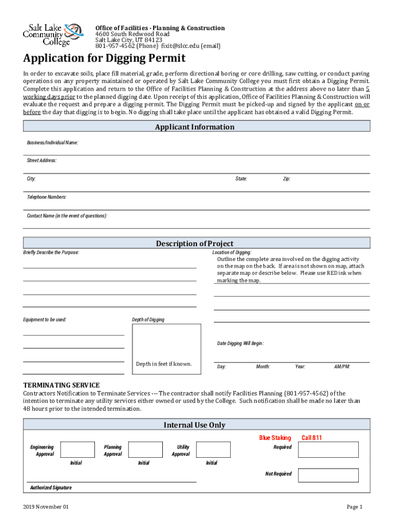 Fillable Online Application for Digging Permit - SLCC Fax Email Print ...