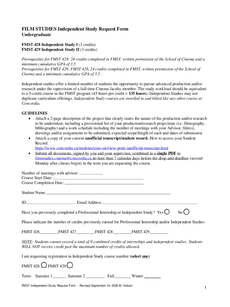 Fillable Online FILM STUDIES Independent Study Request Form Fax Email ...