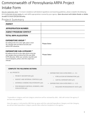 Fillable Online Commonwealth of Pennsylvania ARPA Project Intake Form ...