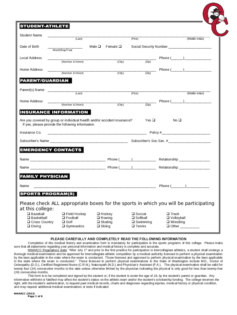 Student Athlete Physical Examination - Shoreline Community College Doc ...