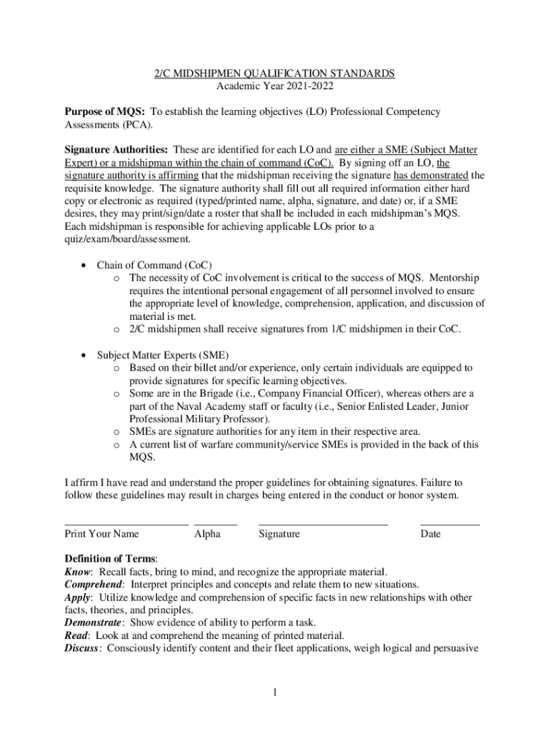 Fillable Online 2/C MIDSHIPMEN QUALIFICATION STANDARDS - United States ...