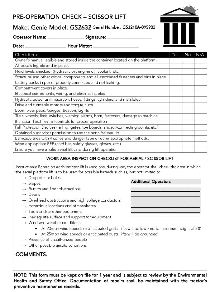 Fillable Online PRE-OPERATION CHECK SCISSOR LIFT Make: Genie Model Fax ...