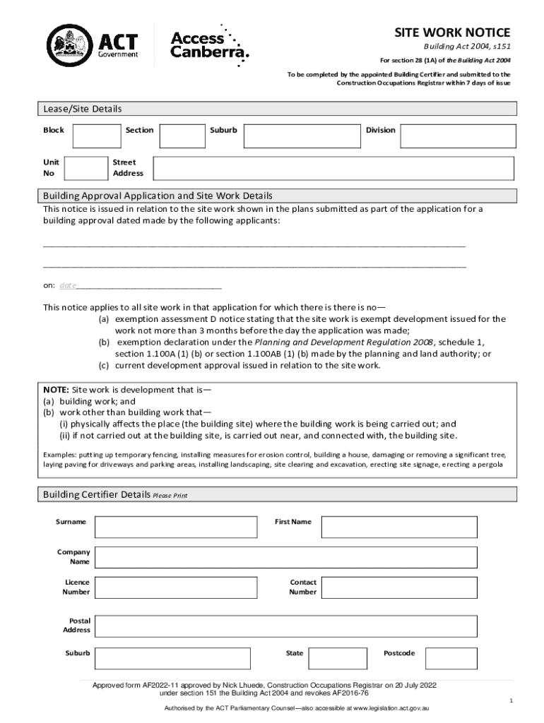 Fillable Online SITE WORK NOTICE - ACT Legislation Register Fax Email ...