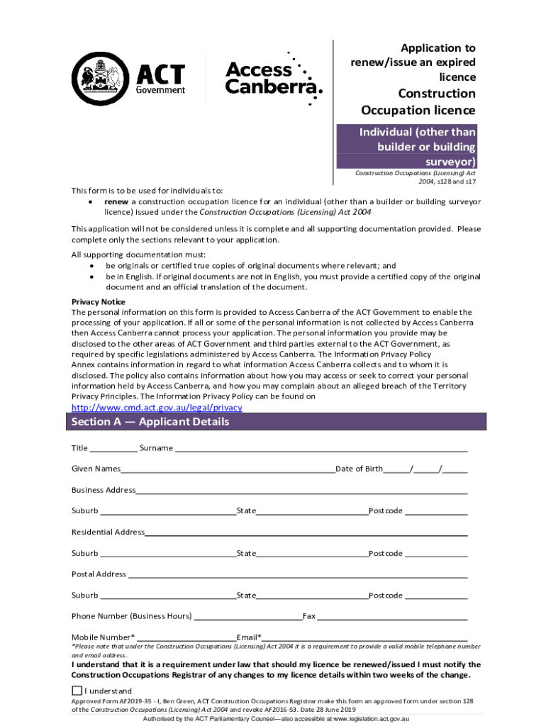 Fillable Online Construction Occupation licence - ACT Legislation ...