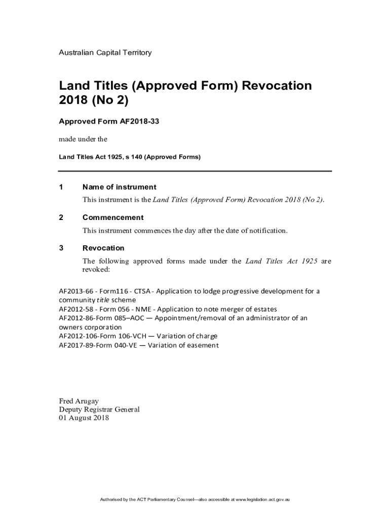 Fillable Online Land Titles (Approved Form) Revocation 2018 (No 2) Fax Email Print - pdfFiller