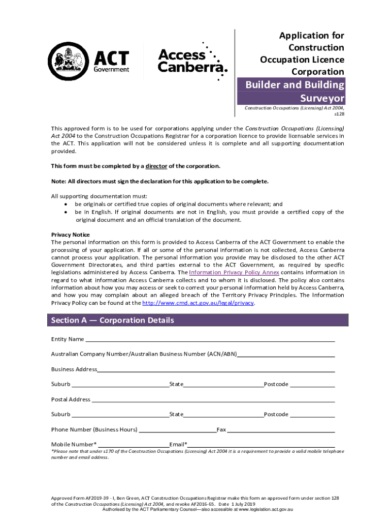 Fillable Online Builder and Building Surveyor - ACT Legislation ...