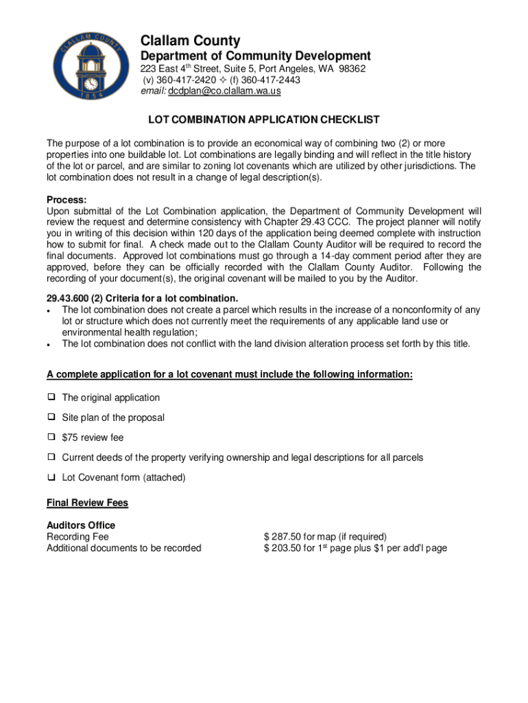 Fillable Online Lot Combination Application Checklist - Clallam County ...