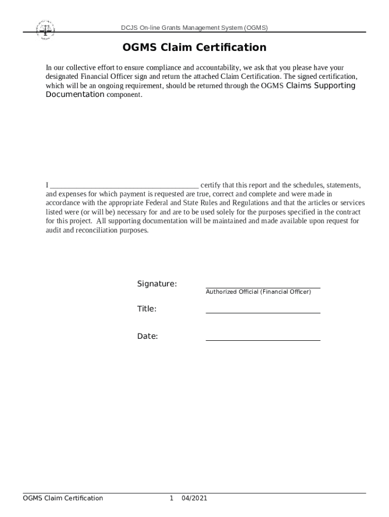 OGMS Claim Certification Doc Template | pdfFiller