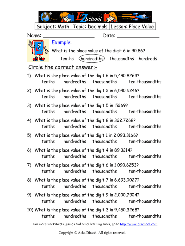 Fillable Online What is the place value of the digit 6 in 90.86? tenths ...