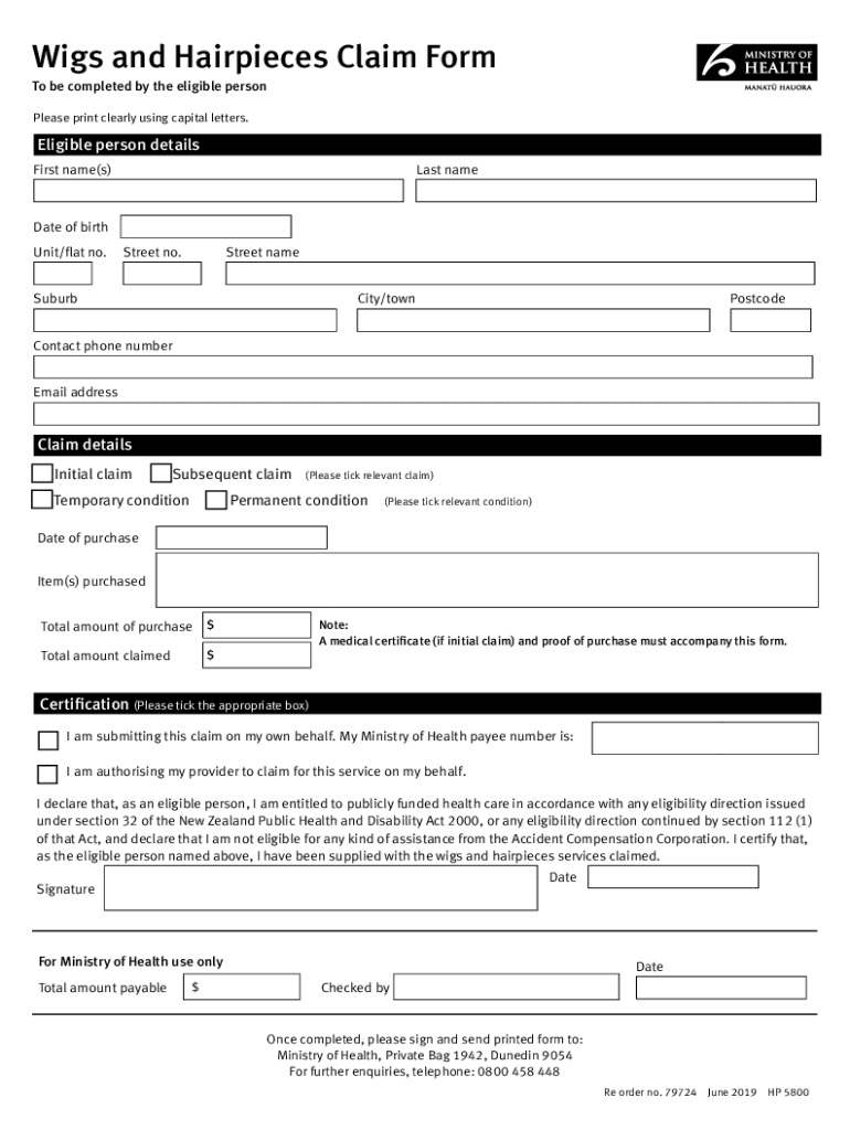 Fillable Online Wigs and Hairpiece claim form - Ministry of Health Fax ...