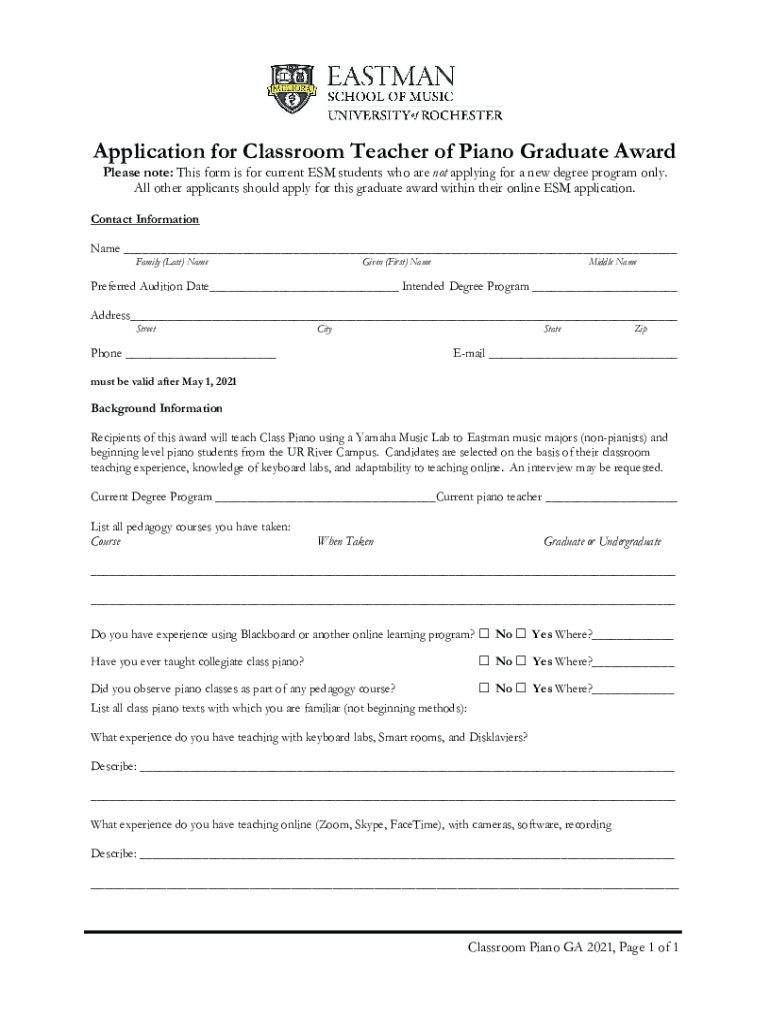 Fillable Online Application for Classroom Teacher of Piano Graduate ...