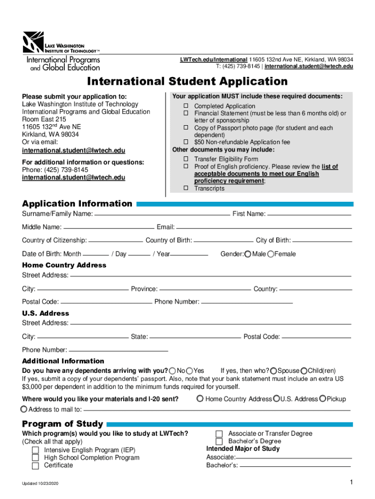 Fillable Online LWTech International Student Application Fax Email ...