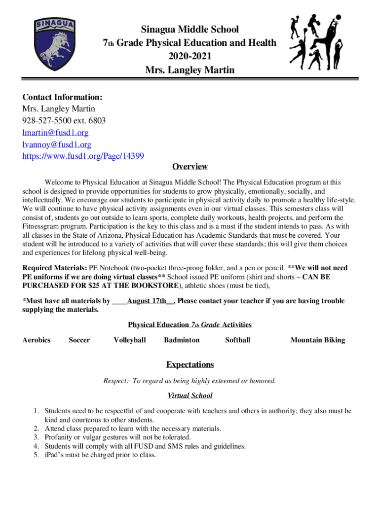 Fillable Online Sinagua Middle School 7th Grade Physical Education and ...
