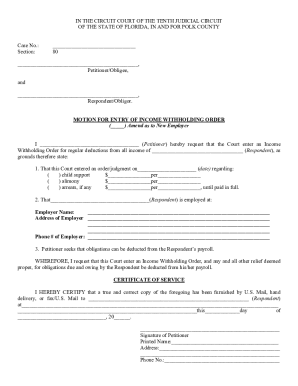 Fillable Online MOTION FOR ENTRY OF INCOME WITHHOLDING ORDER ( ) Amend ...