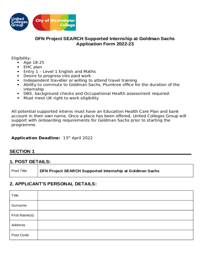 DFN Project SEARCH Supported Internship at Goldman Sachs Application ... Doc Template | pdfFiller