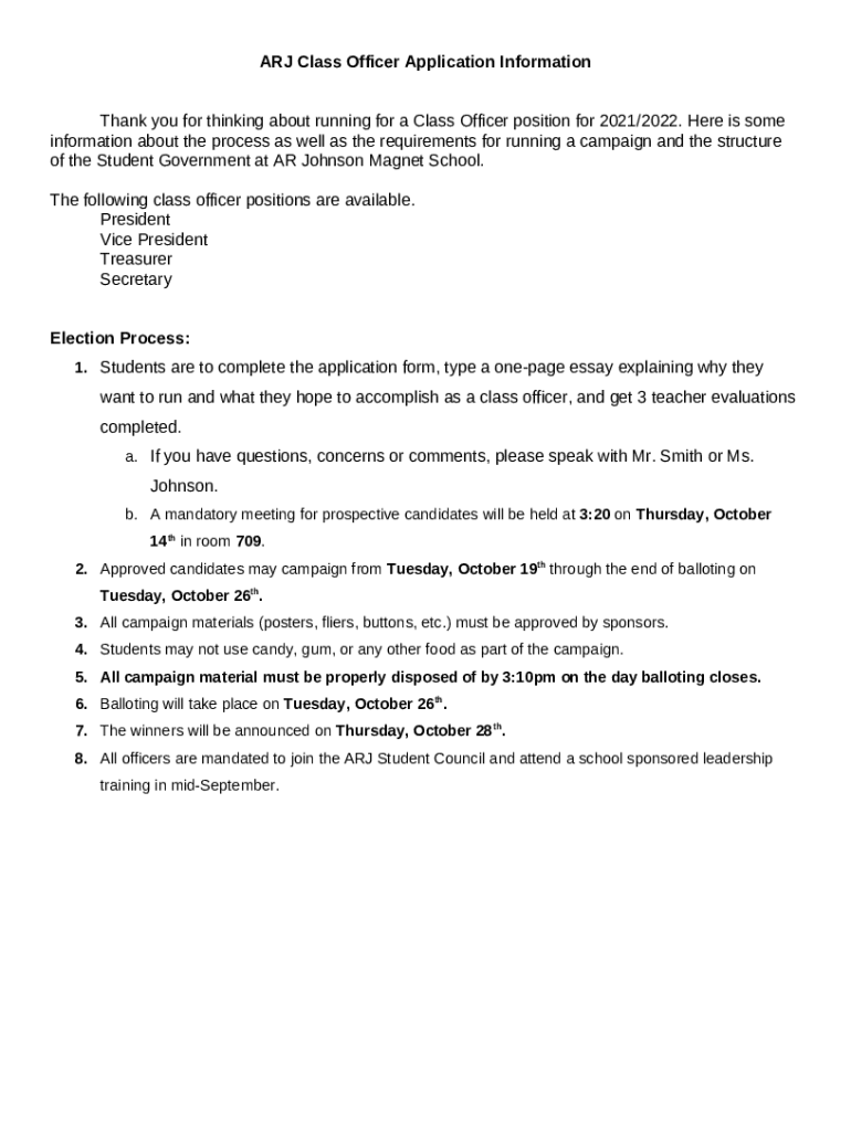 Class Officer Application Ination - Richmond County School System Doc ...