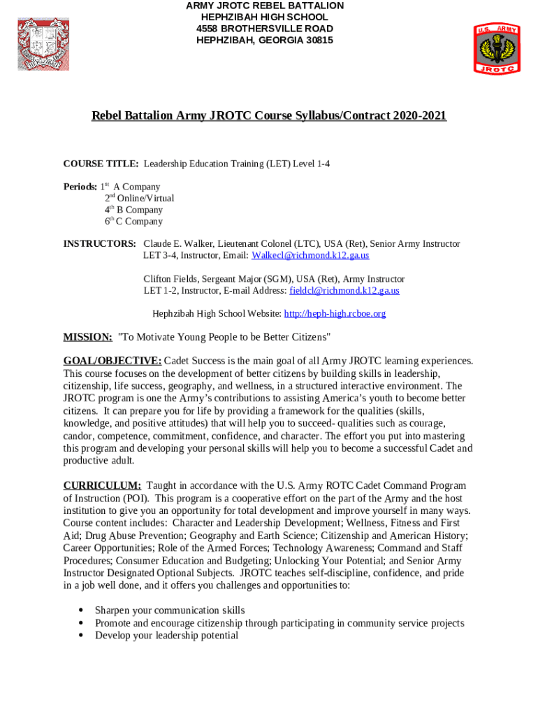 Army JROTC Leadership Education Training 1 (JROTC I) Syllabus Doc ...
