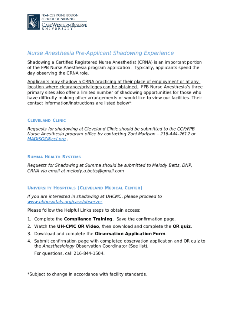 Nurse Anesthesia Shadowing Experience Doc Template | pdfFiller