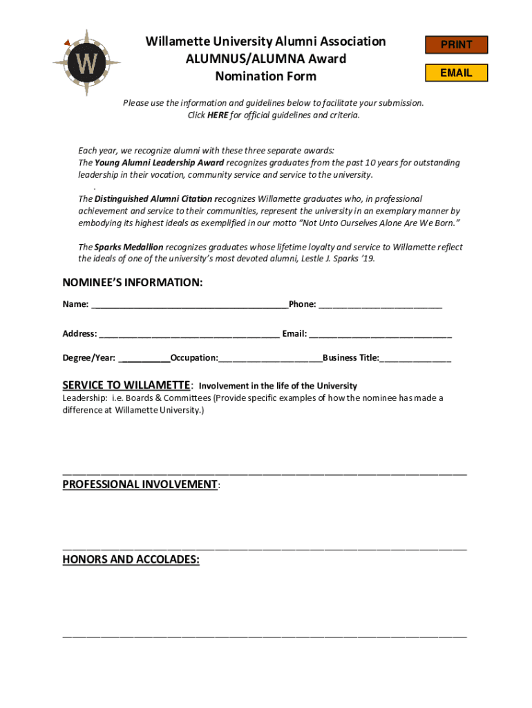 Fillable Online Willamette University Alumni Association ALUMNUS/ALUMNA ... Fax Email Print ...
