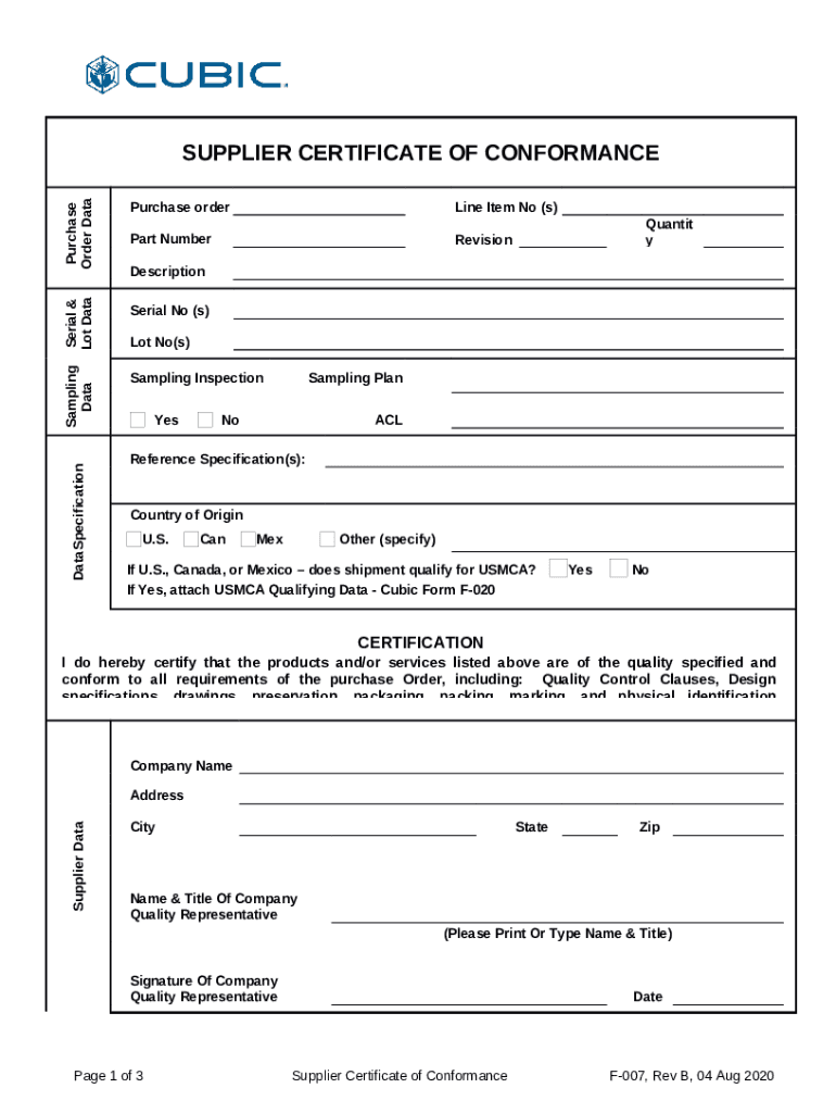 Supplier Certificate of Conance Doc Template | pdfFiller