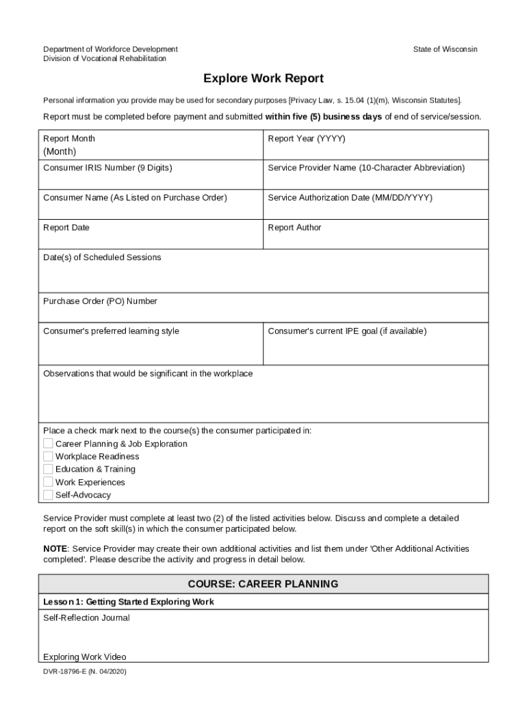 DVR-18796-E, Explore Work Report. This is to be completed by DVR ...