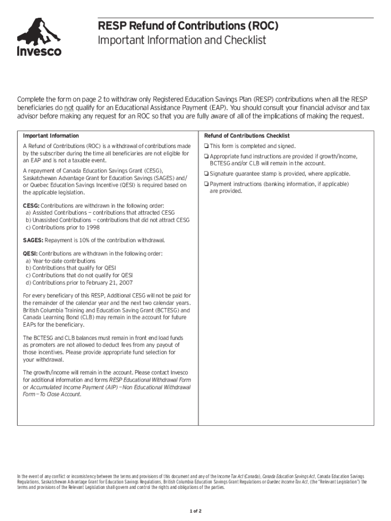 Fillable Online RESP Refund of Contributions (ROC) Important ...