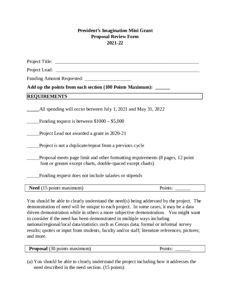 Presidents Imagination Mini Grant Proposal Review 2022-2023 Add ... Doc ...