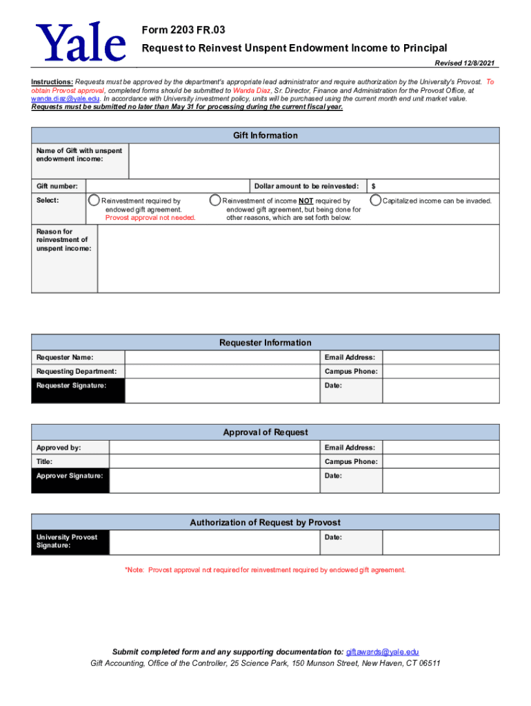 Fillable Online Form 2203 FR.03 Request to Reinvest Unspent Endowment ...