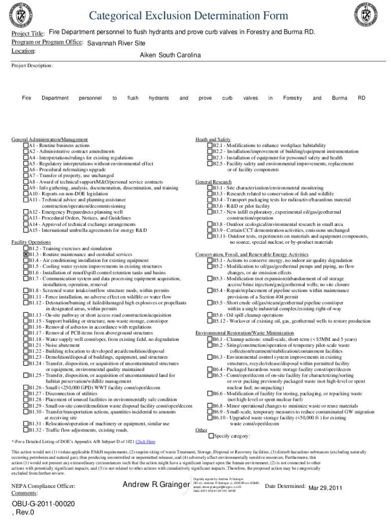 Fillable Online Categorical Exclusion Determination Form - Department ...