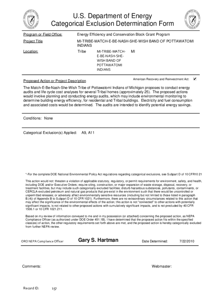 Fillable Online DOE Categorical Exclusion Determination Form. The Match ...