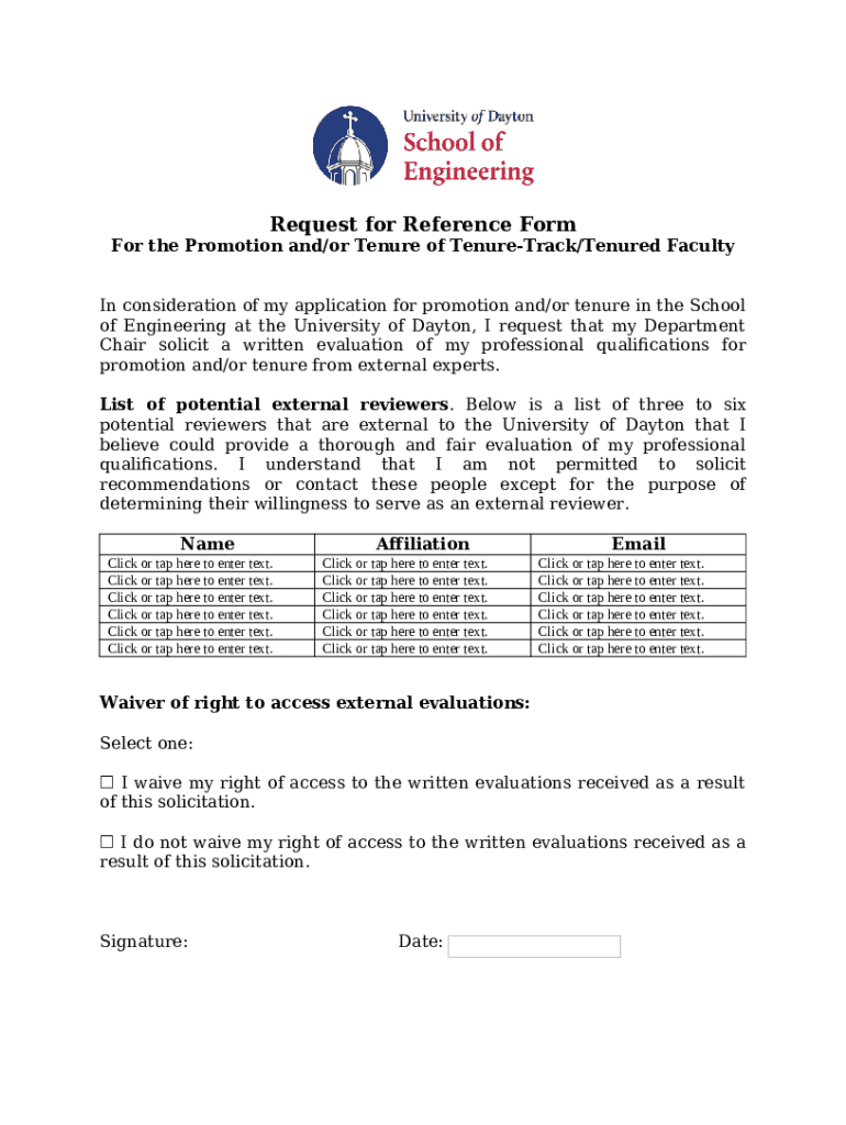 UD School of Engineering Request for Reference For the ... Doc Template | pdfFiller
