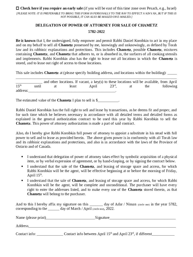 DELEGATION OF POWER OF ATTORNEY FOR SALE OF CHAMETZ - ShulCloud Doc ...