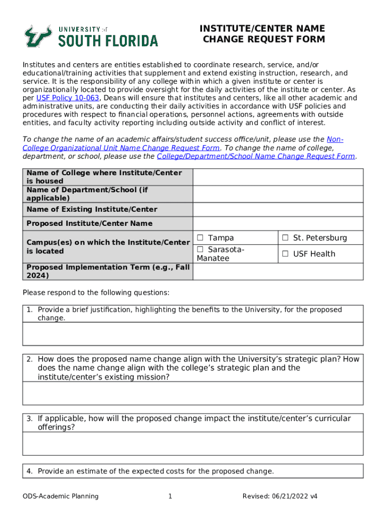 INSTITUTE/CENTER NAME CHANGE REQUEST Doc Template | pdfFiller