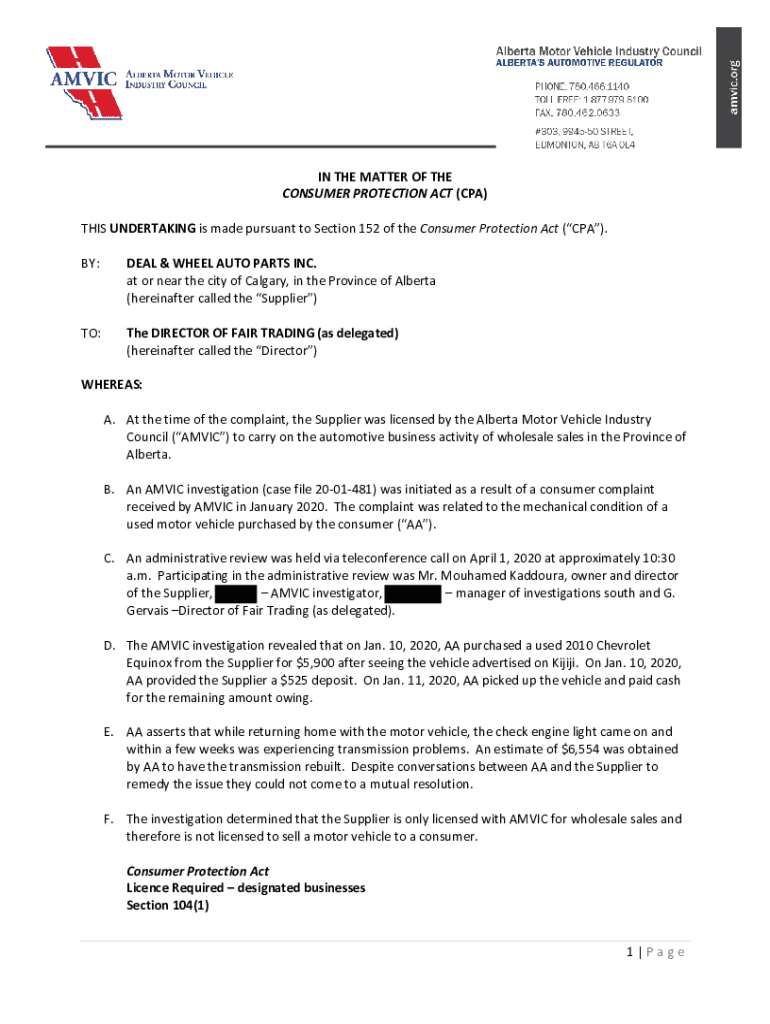 Fillable Online IN THE MATTER OF THE CONSUMER PROTECTION ACT (CPA ...