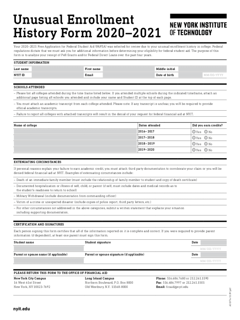 Fillable Online Unusual Enrollment History Form 20202021 - New York Institute of ... Fax Email ...