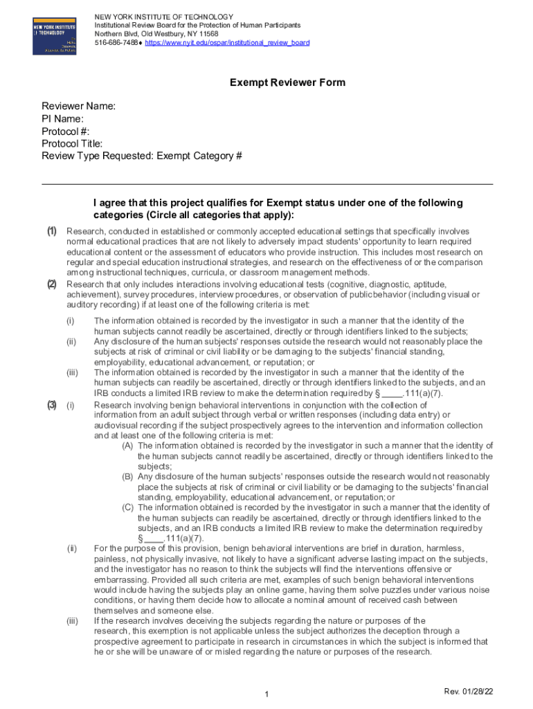 Fillable Online Exempt Reviewer Form - New York Institute of Technology Fax Email Print - pdfFiller