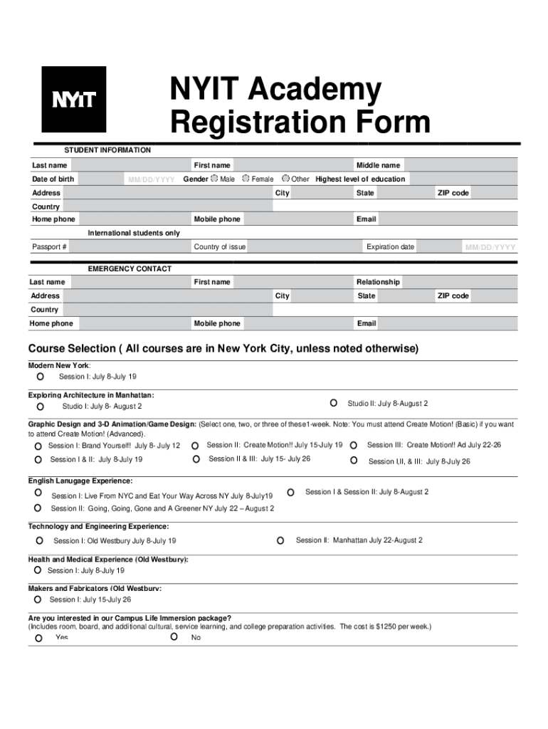 Fillable Online NYIT Academy Registration Form - New York Institute of ...