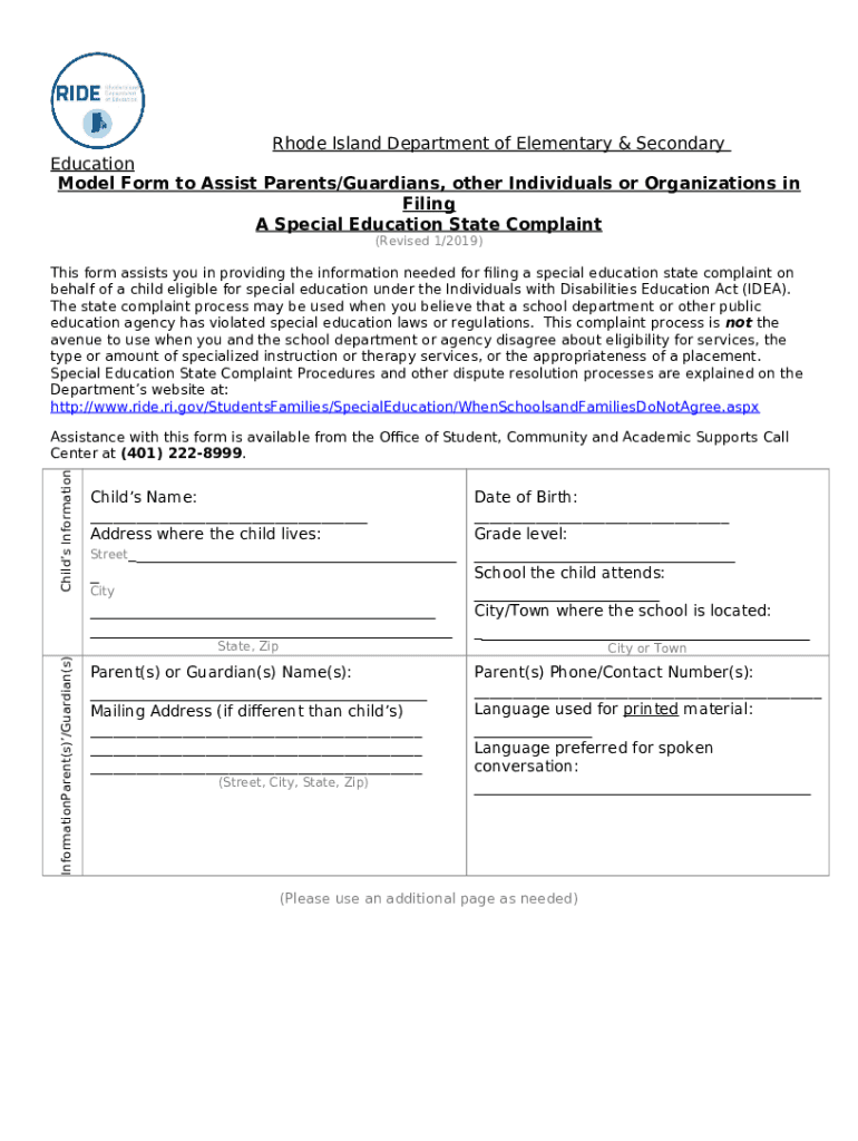 Ride Special Education State Complaint in Word Doc Template | pdfFiller