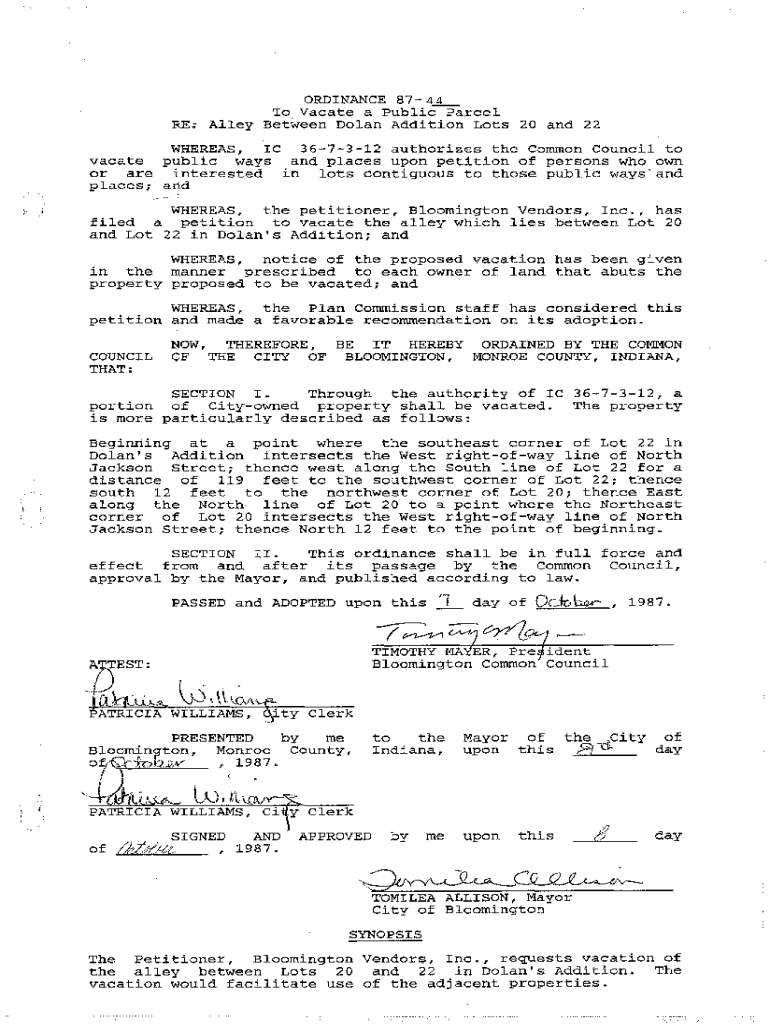 Fillable Online bloomington in ORDINANCE 87-44 To. Vacate a Public ...