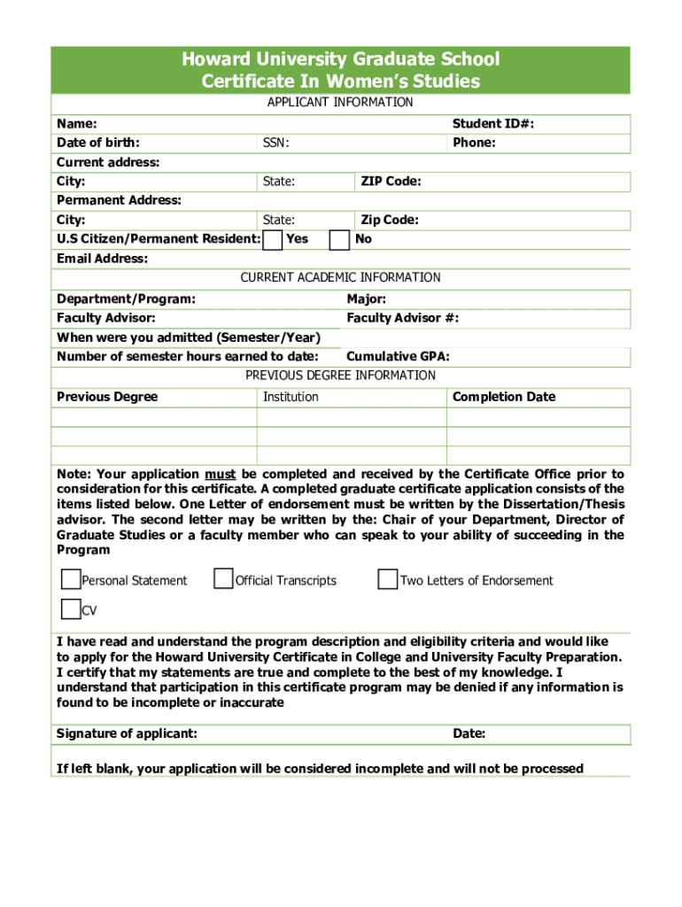 Fillable Online gs howard Howard University Graduate School Certificate ...