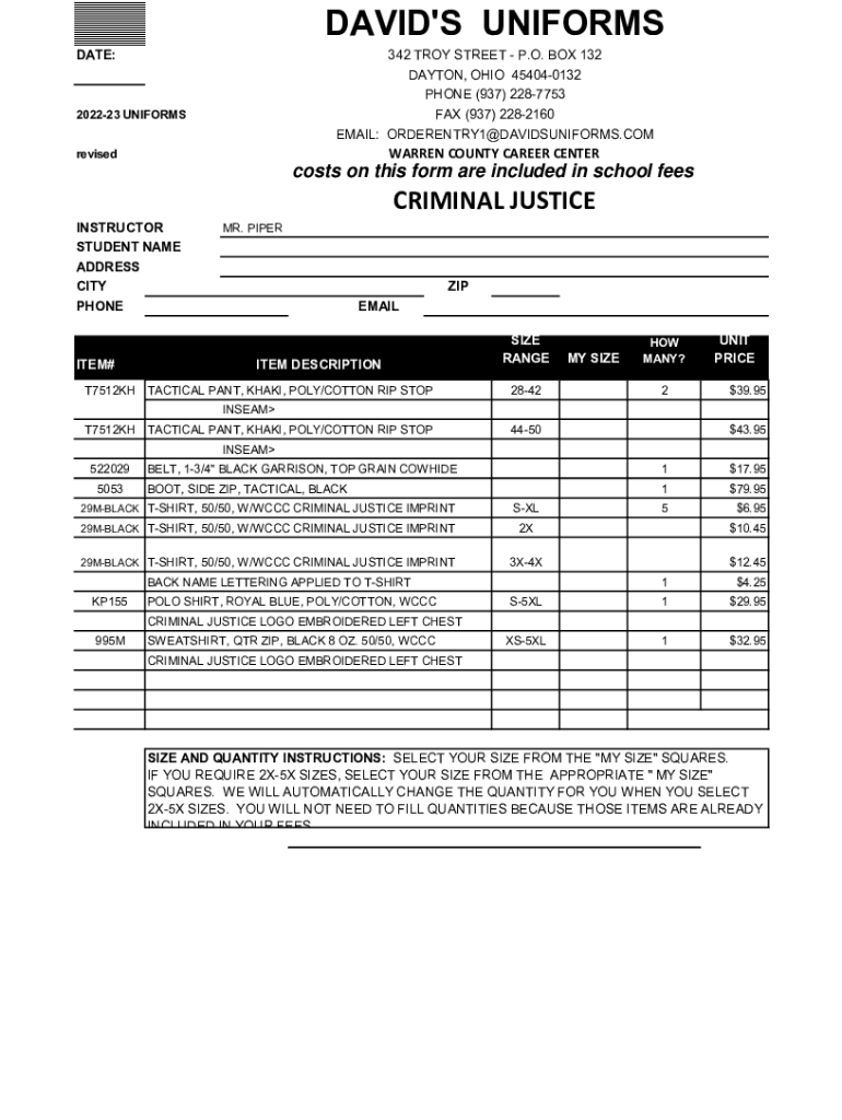 Fillable Online WARREN CO CAREER CTR COURSE ORDER FORMS FOR FEE ...