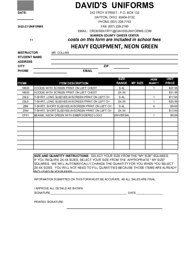Fillable Online WARREN CO CAREER CTR COURSE ORDER FORMS FOR FEE INCLUDED UNIFORMS TO ... Fax ...