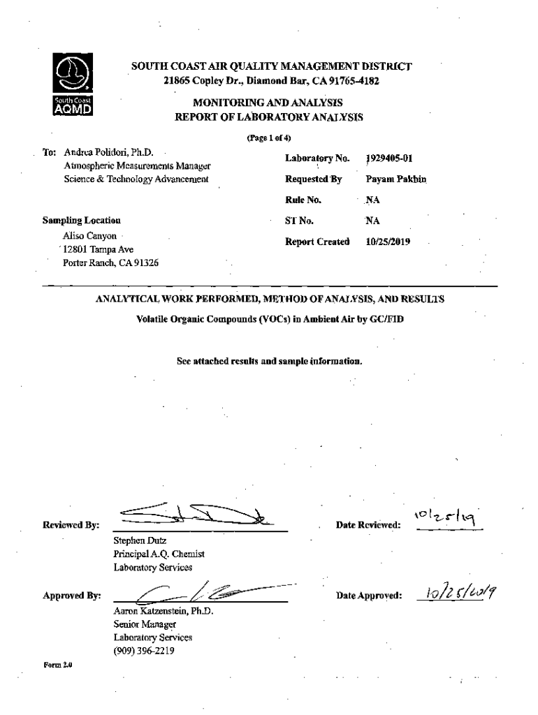 Fillable Online Lab# 1929405- REPORT - AQMD SPECIAL MONITORING - Project ... Fax Email Print ...