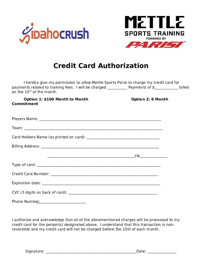 I hereby give my permission to allow Mettle Sports Parisi to charge my ...