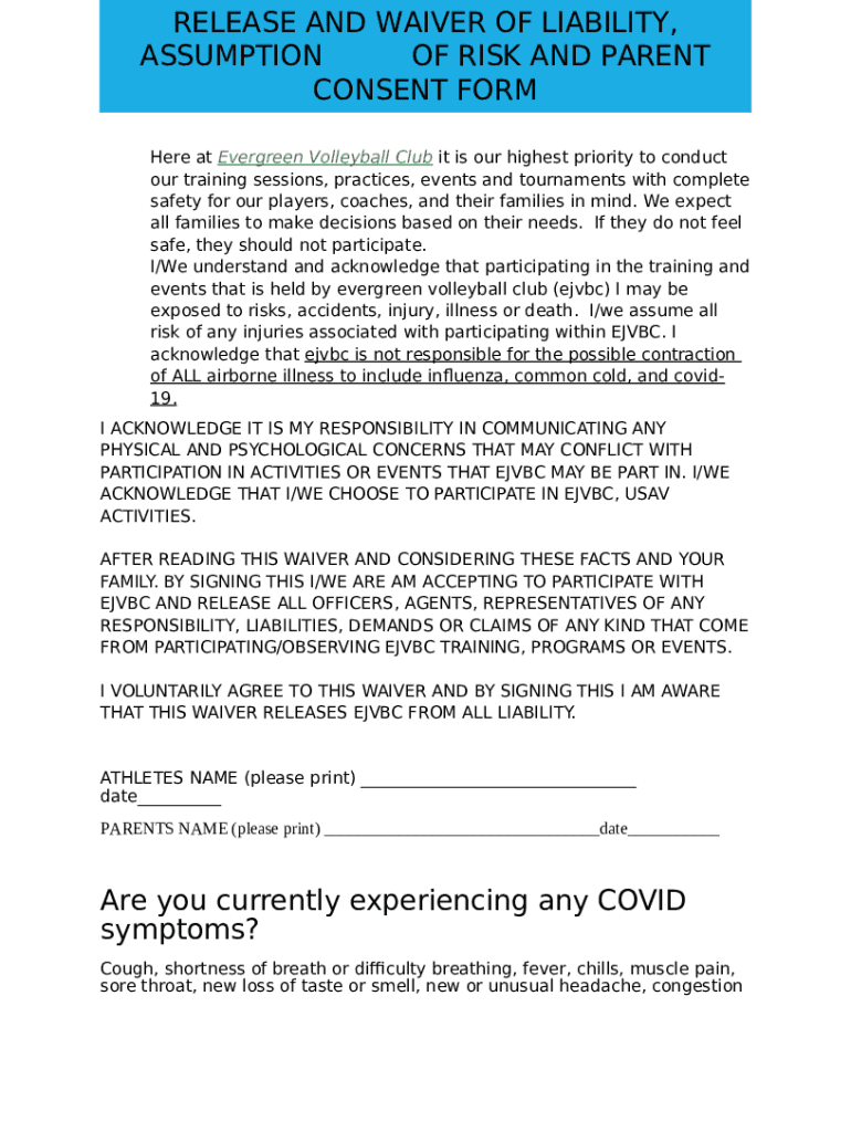 RELEASE AND WAIVER OF LIABILITY, ASSUMPTIONOF RISK AND PARENT CONSENT ...